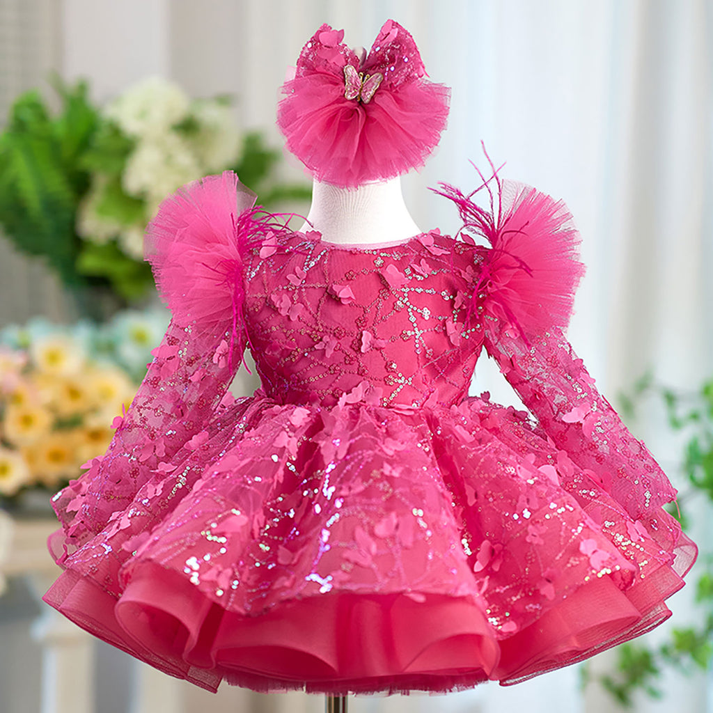 Butterfly Applique Long Sleeves Flower Girl Dress Bowed J555 – Jill Wish