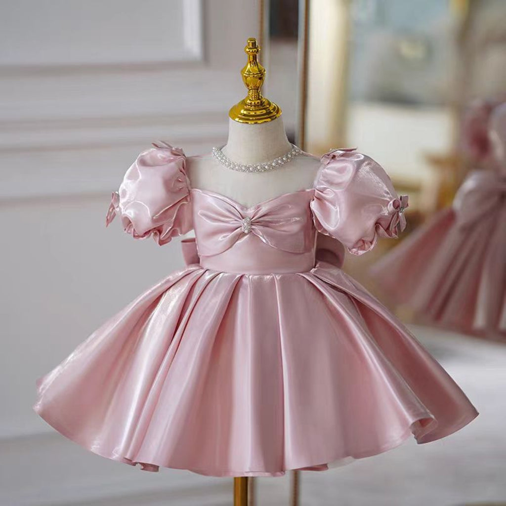 Pink Satin Flower Girl Dress Pearl-decorated Neckline Ball Gown J743 ...