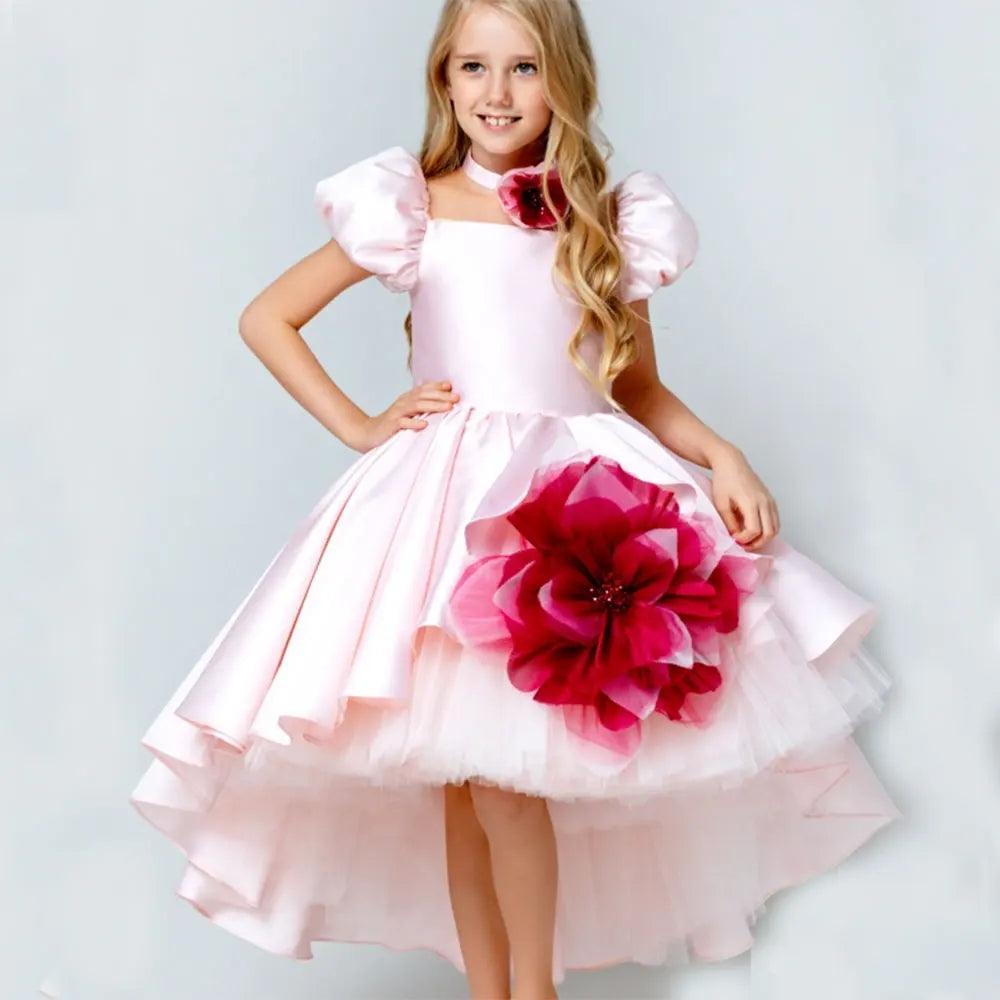 Jill Wish Elegant Square Collar Pink Girl Dress with 3D Flowers Puff S
