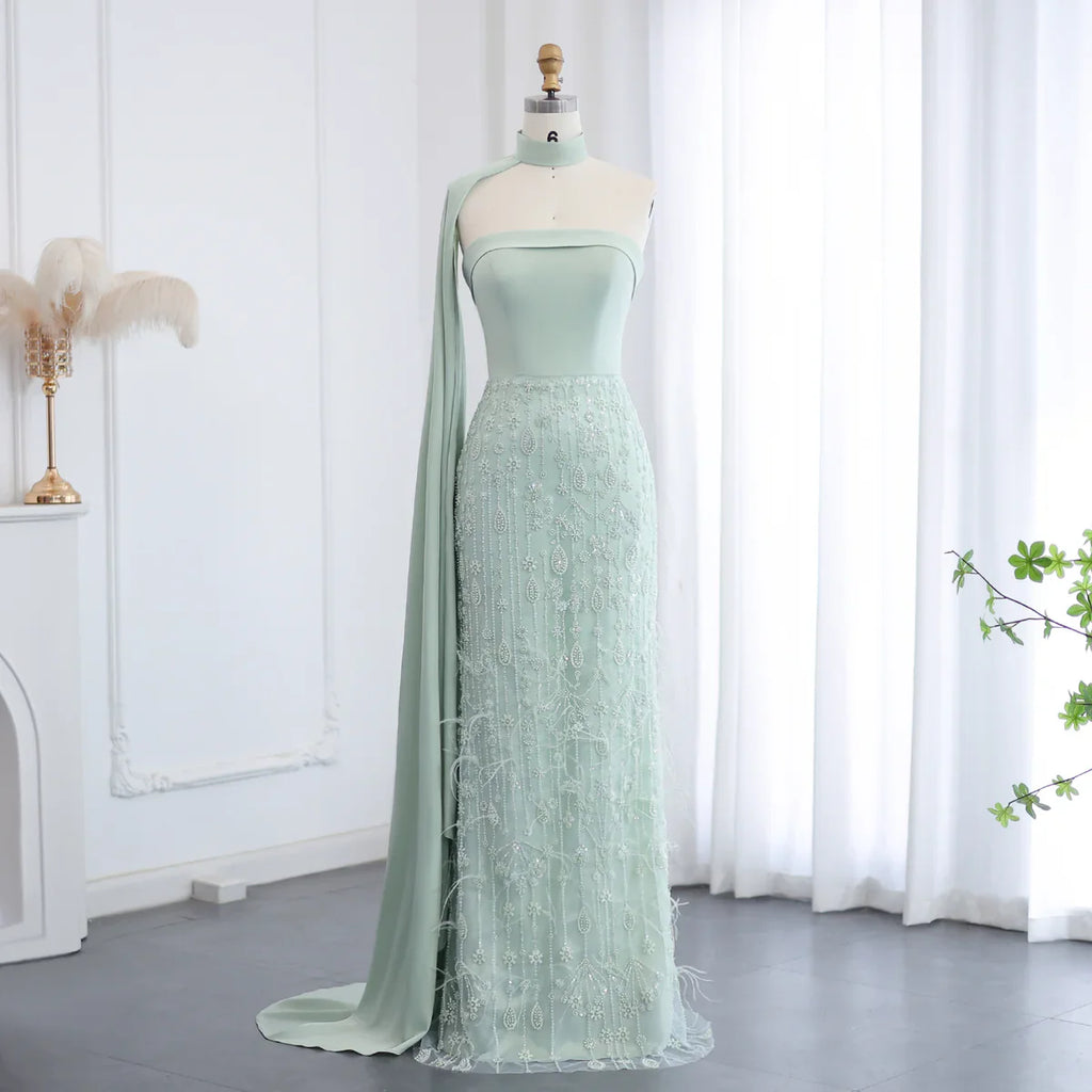 Luxury Sage Green Feathers Evening Dress with Scarf Cape SS014 – Jill Wish